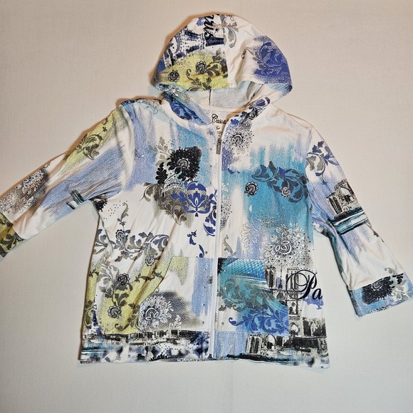 Onque Casuals | Tops | Onque Casuals Xl Blue Paris Print Zip Hoodie Top ...